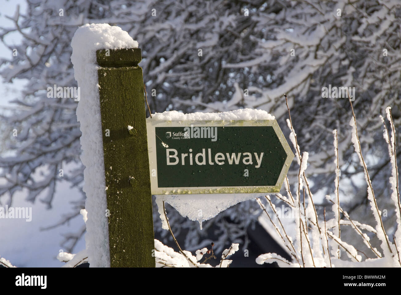 bridleway sign walks suffolk winter snow cold trees fresh branch ...