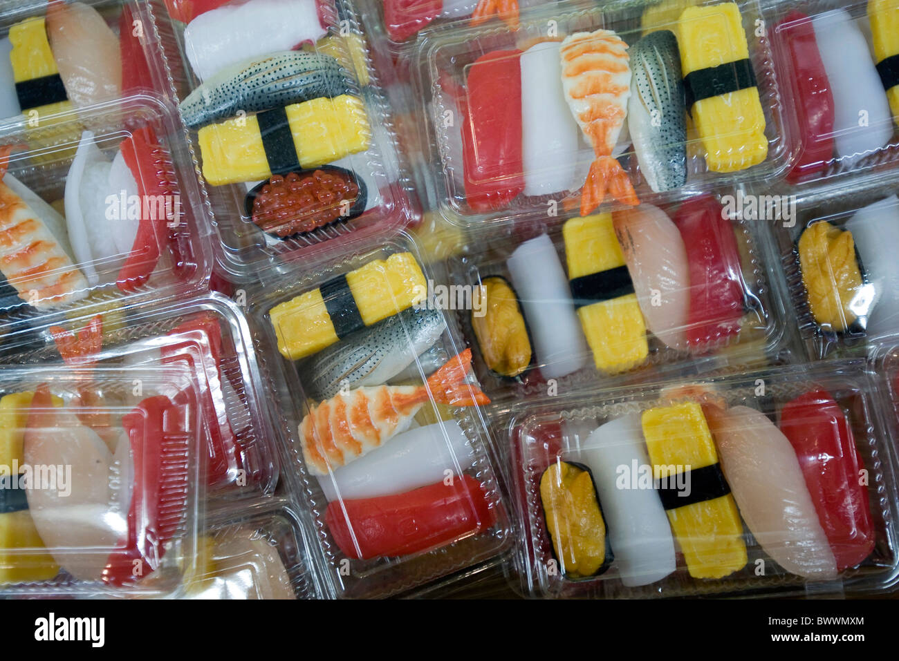 Replica sushi in plastic packaging are displayed at IWASAKI Be-I in the ...
