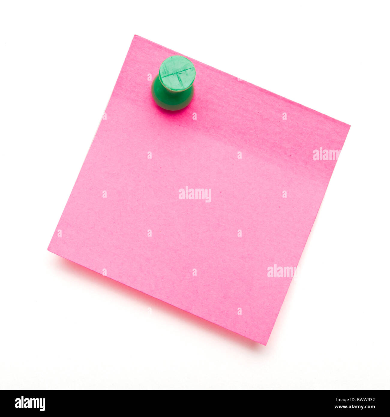 Dark pink self adhesive post it note with green push pin on white Stock ...