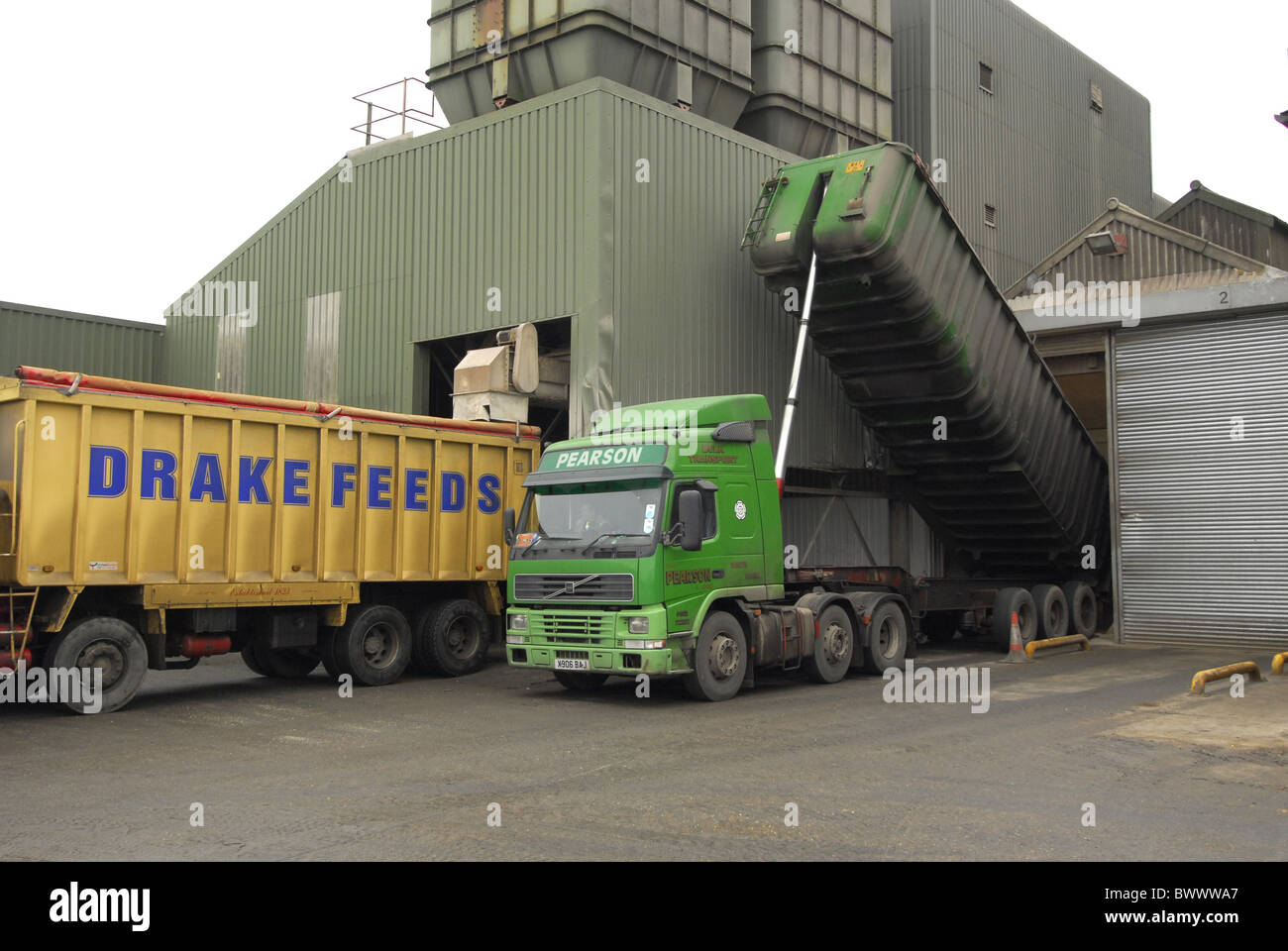 Animal feed lorries unloading trailers animal Stock Photo - Alamy
