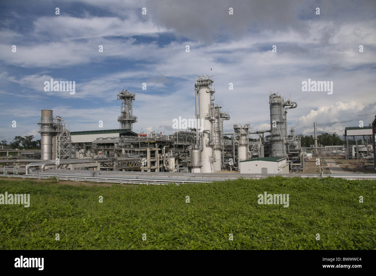 Overall view of plant, pipework and vessels, Tangguh LNG (Liquified ...