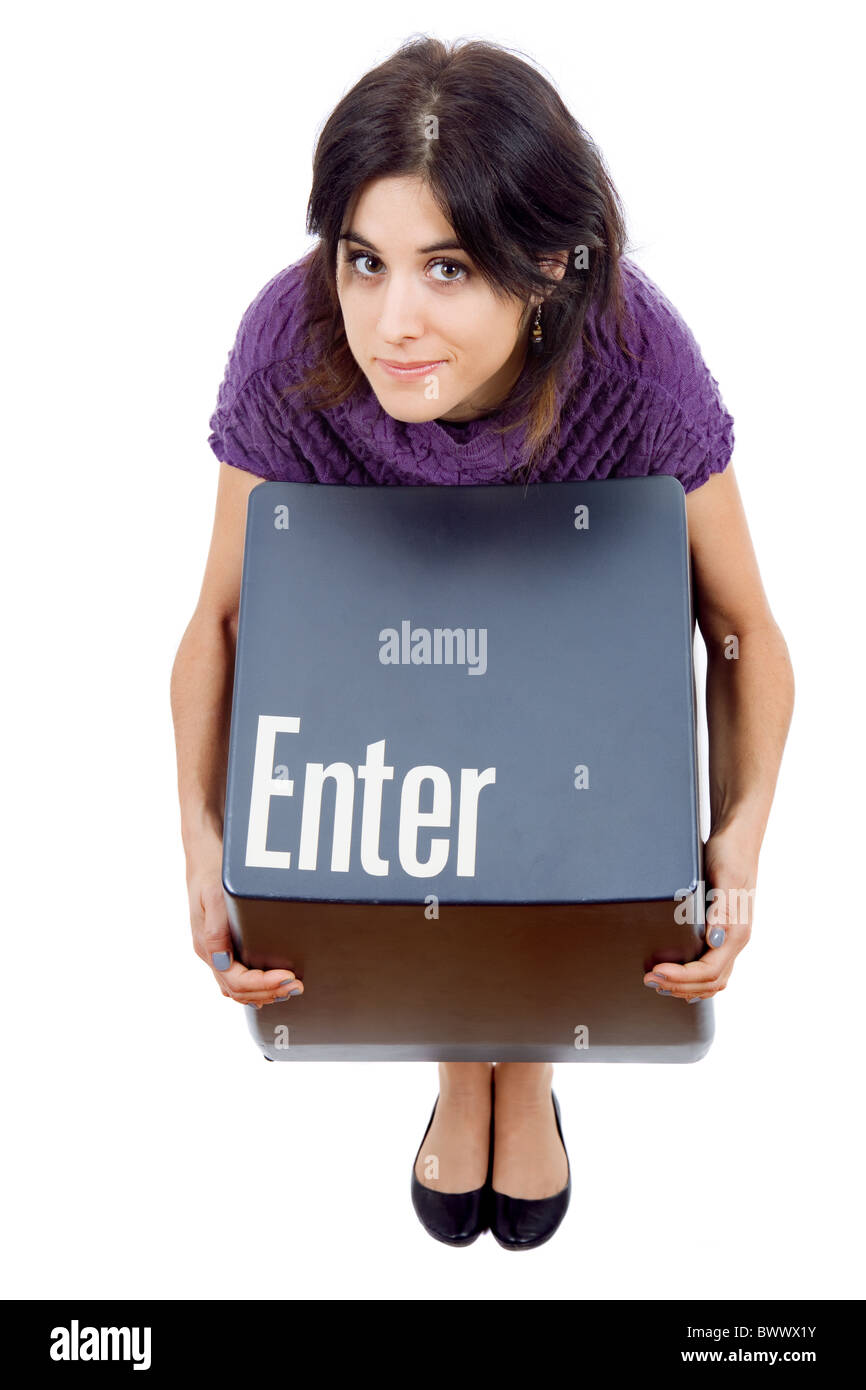 young beautiful woman with the enter key Stock Photo - Alamy