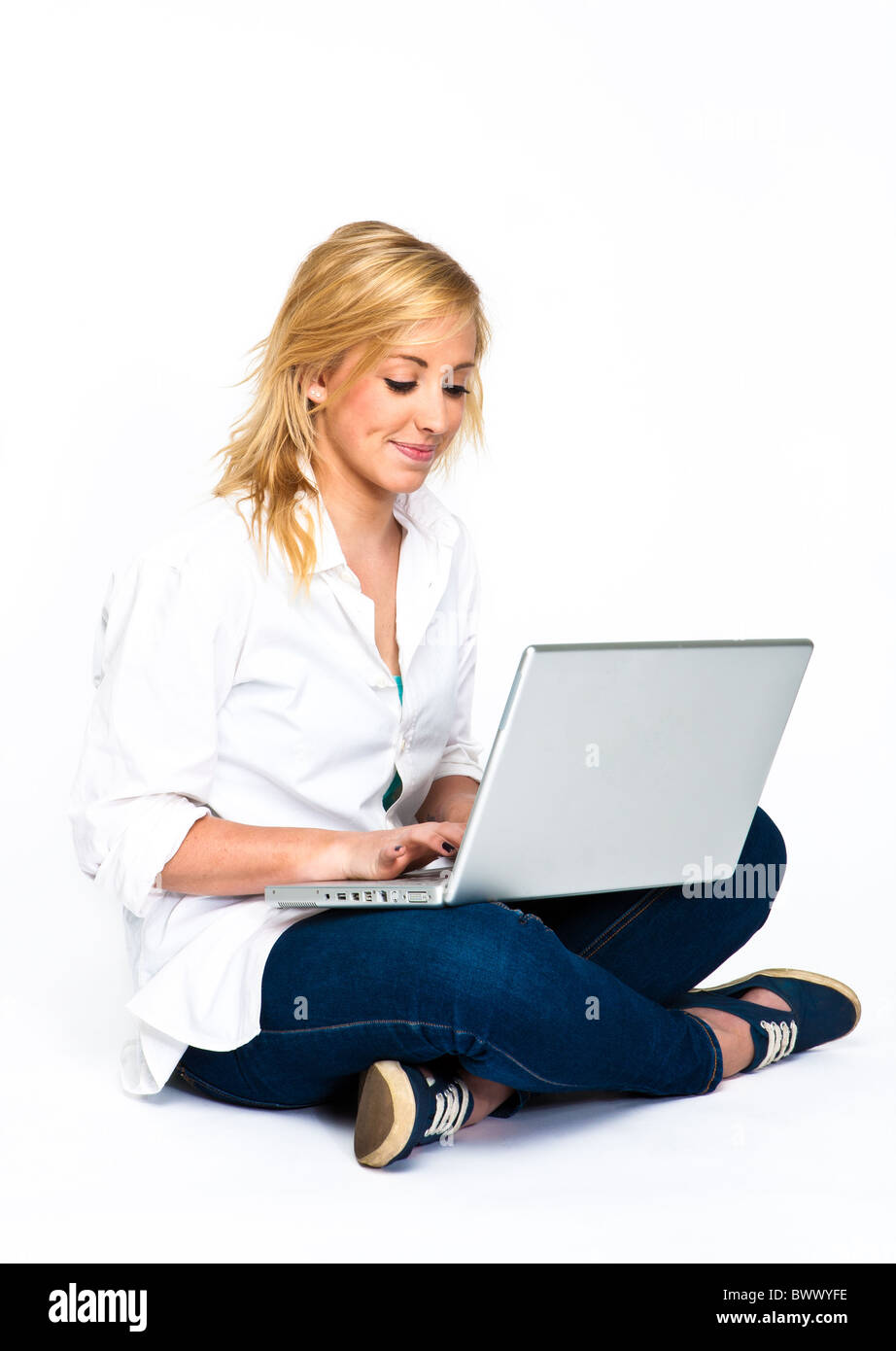 Beautiful Young Woman Using Her Laptop Smiling Stock Photo - Alamy