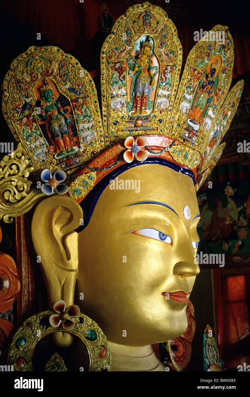Head of a golden and very decorative Buddha, Hemis Monastery, Ladakh ...
