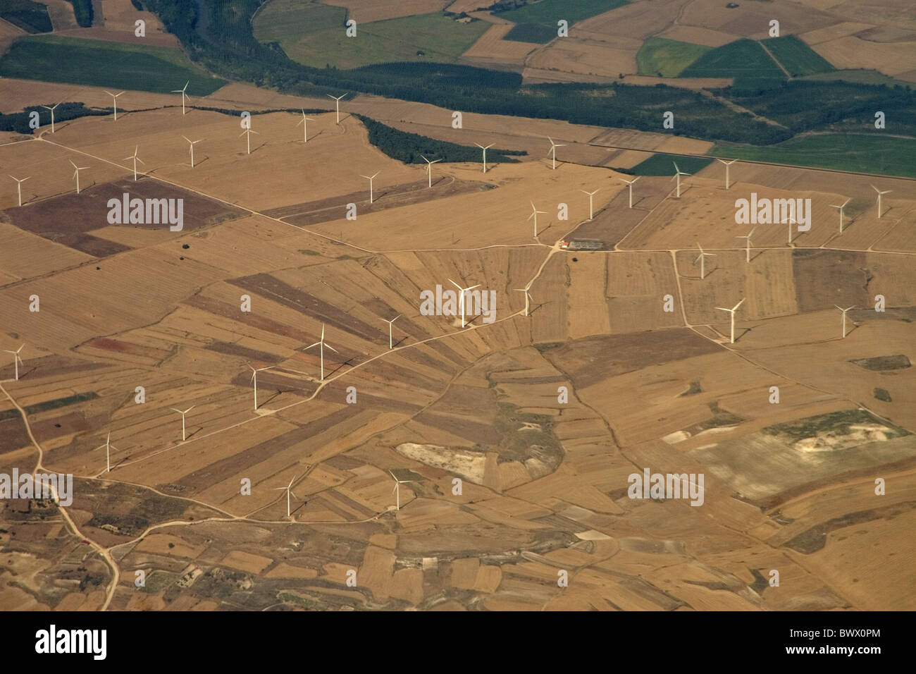 Aerial view wind turbines farmland remnant forest Stock Photo - Alamy