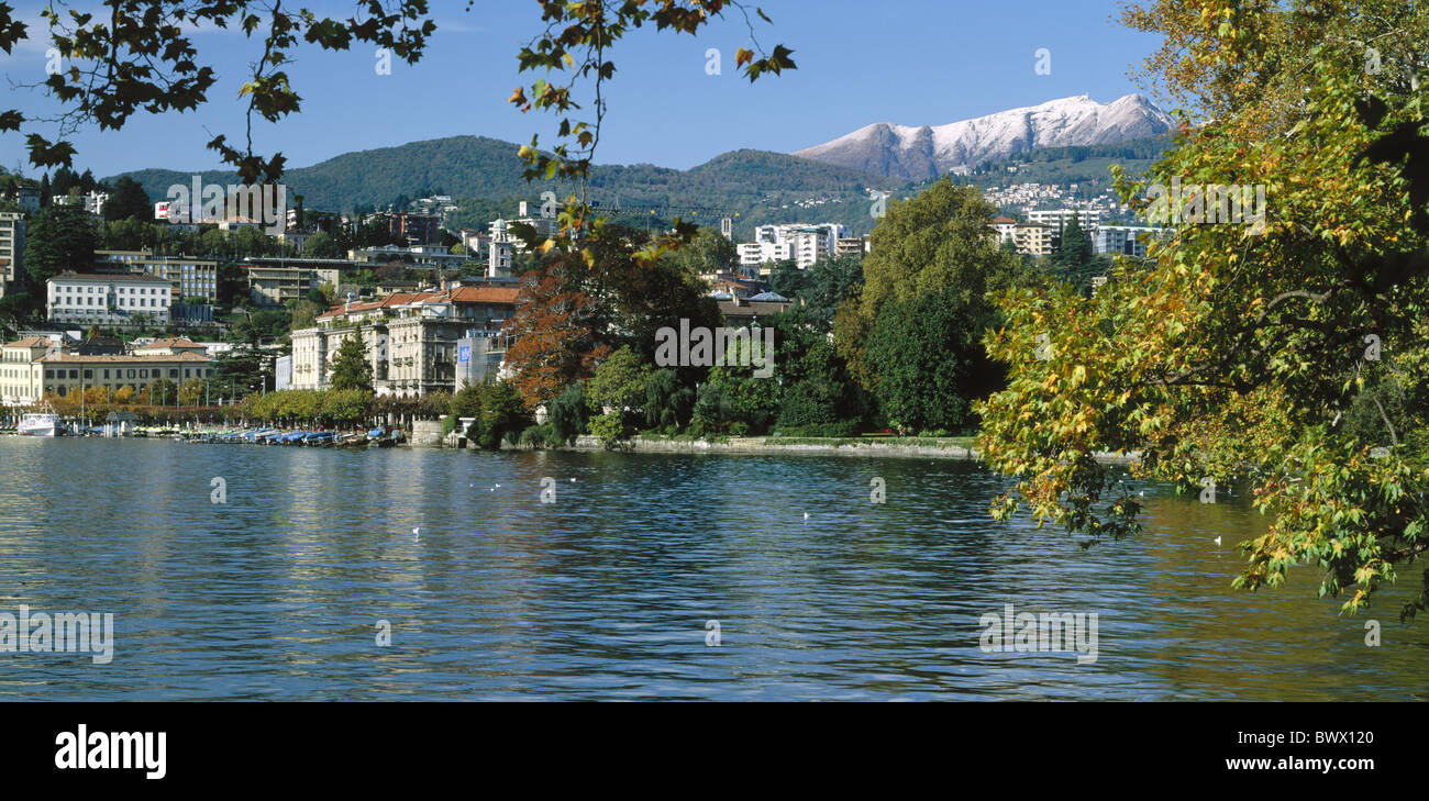 mooring view view from lake autumn Lugano Switzerland Europe Pedalos ...