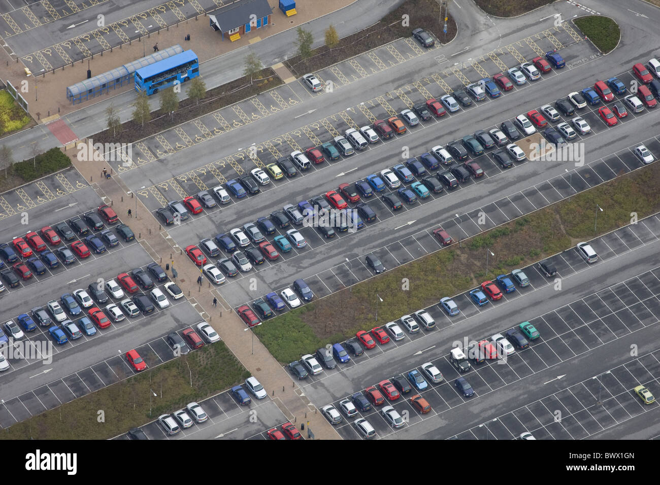Aerial view 'Park Ride' carpark with bus parked Stock Photo - Alamy