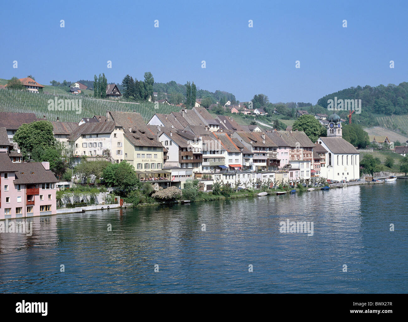 Switzerland Europe canton Zurich Eglisau village view Rhine river flow ...