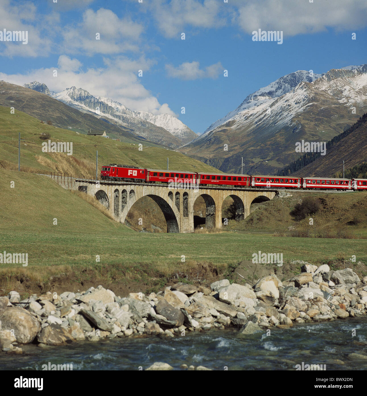 railway Switzerland Europe Glacier express train Furka Oberalp railway scenery mountains Alps ...