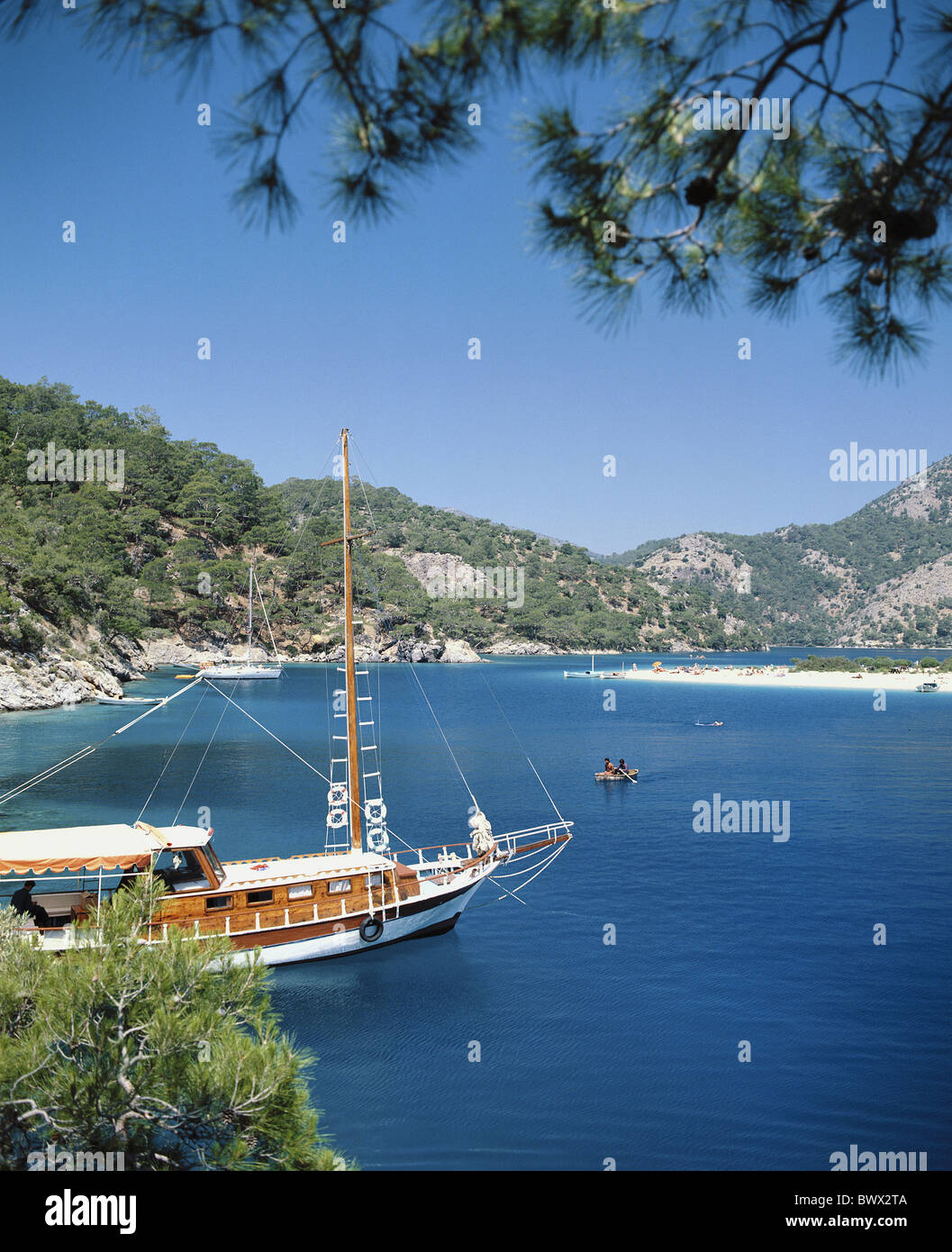 Turkey coast Oelu Deniz bay blue water sail yacht people Stock Photo ...