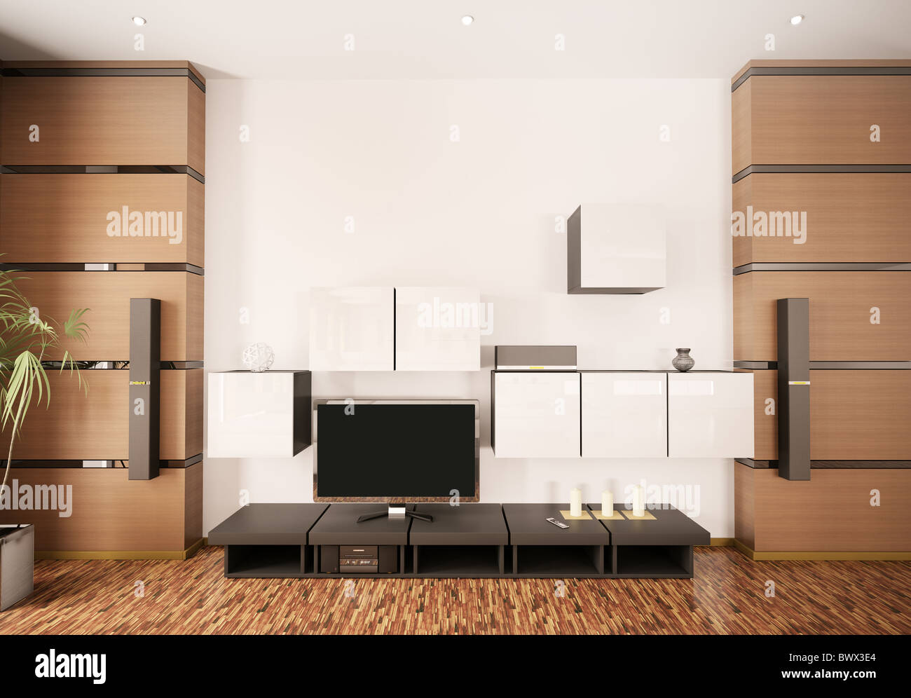 Modern interior with LCD and speakers 3d render Stock Photo - Alamy