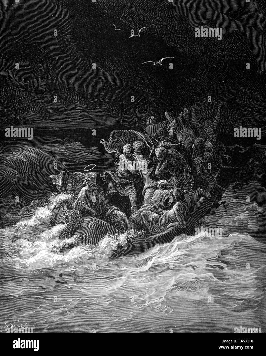 Gustave Doré; Jesus Stilling the Tempest; Black and White Engraving ...