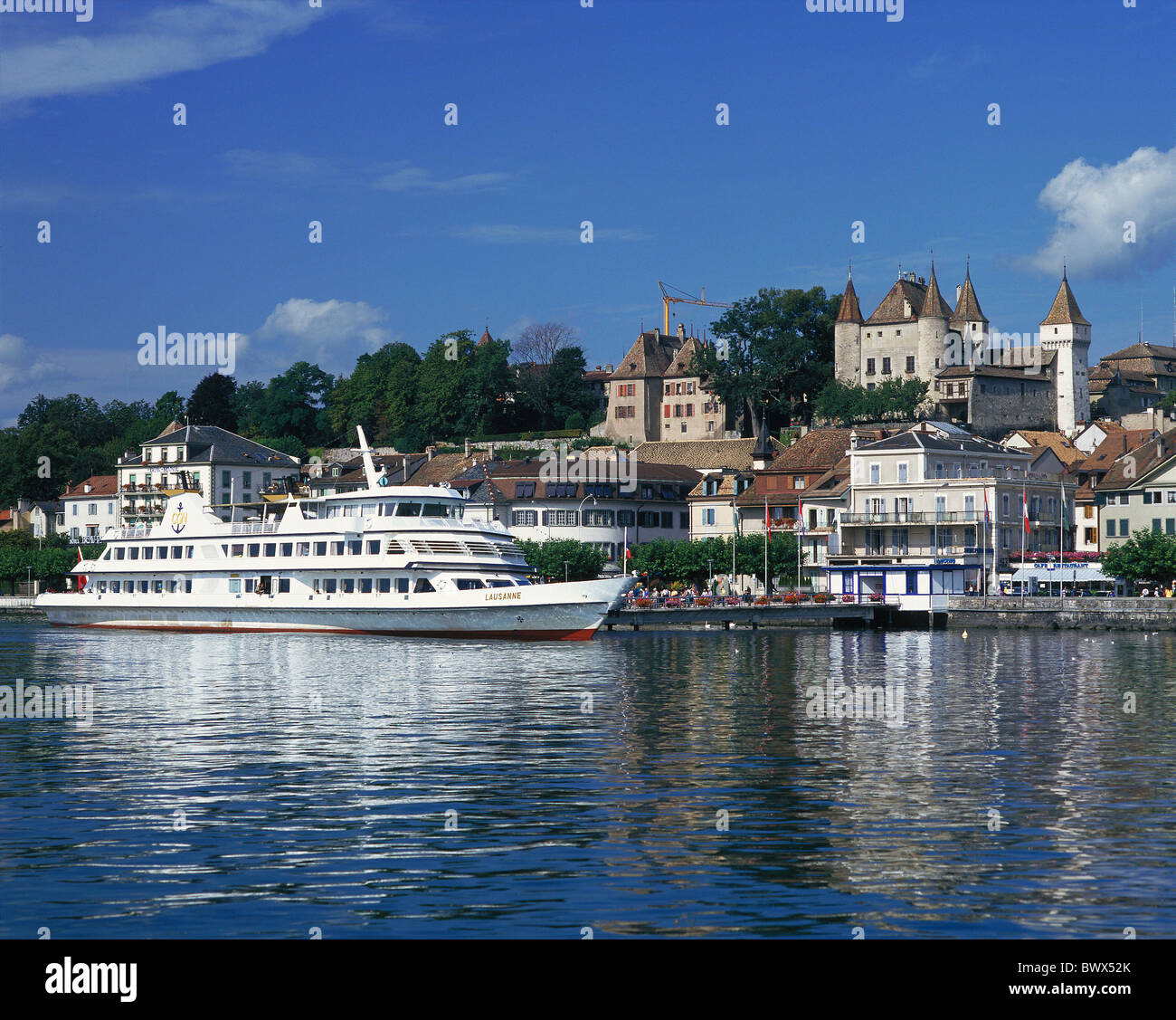 lake Geneva passenger boat ship Lake Geneva Nyon castle Switzerland ...