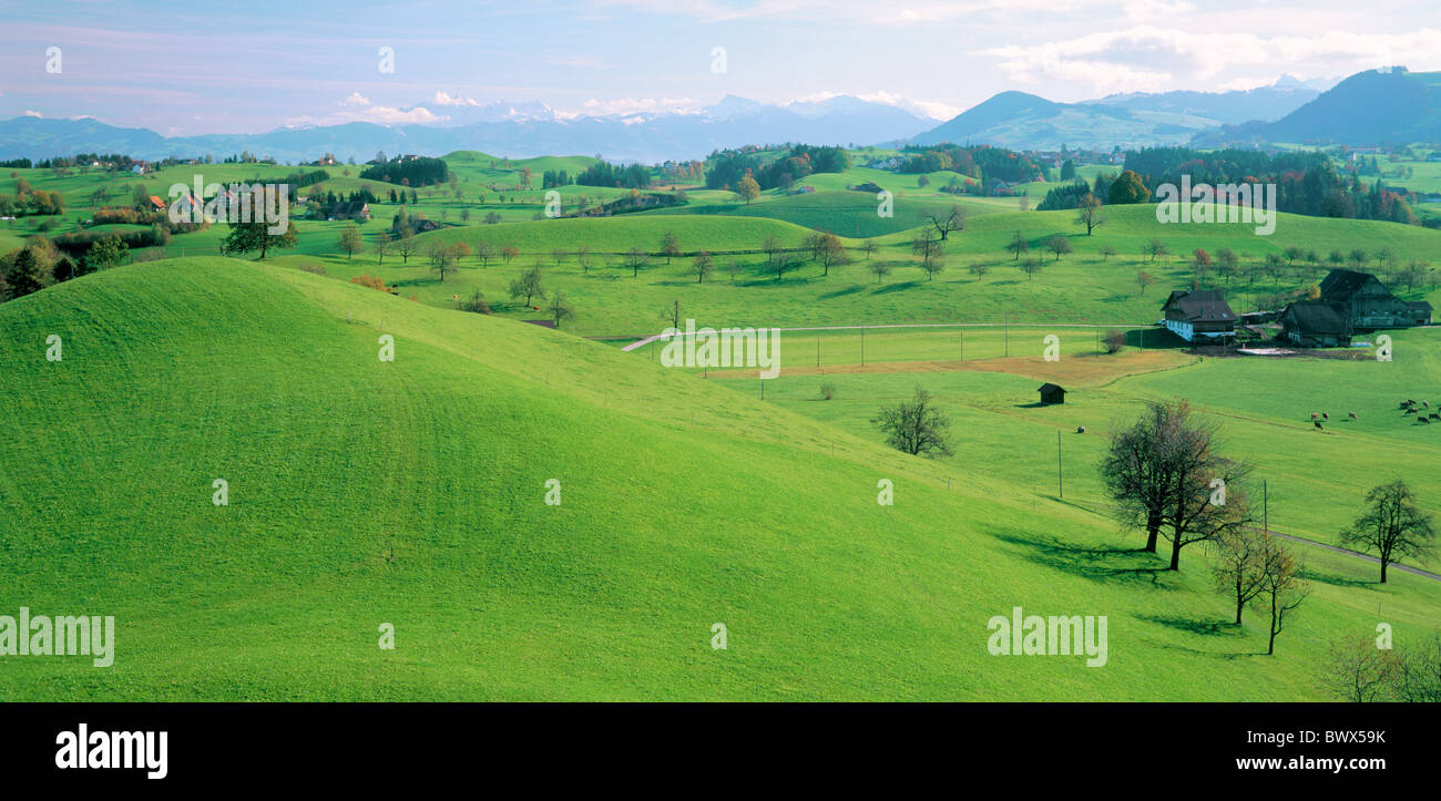 farm mountains autumn hill scenery panorama Switzerland Europe overview ...