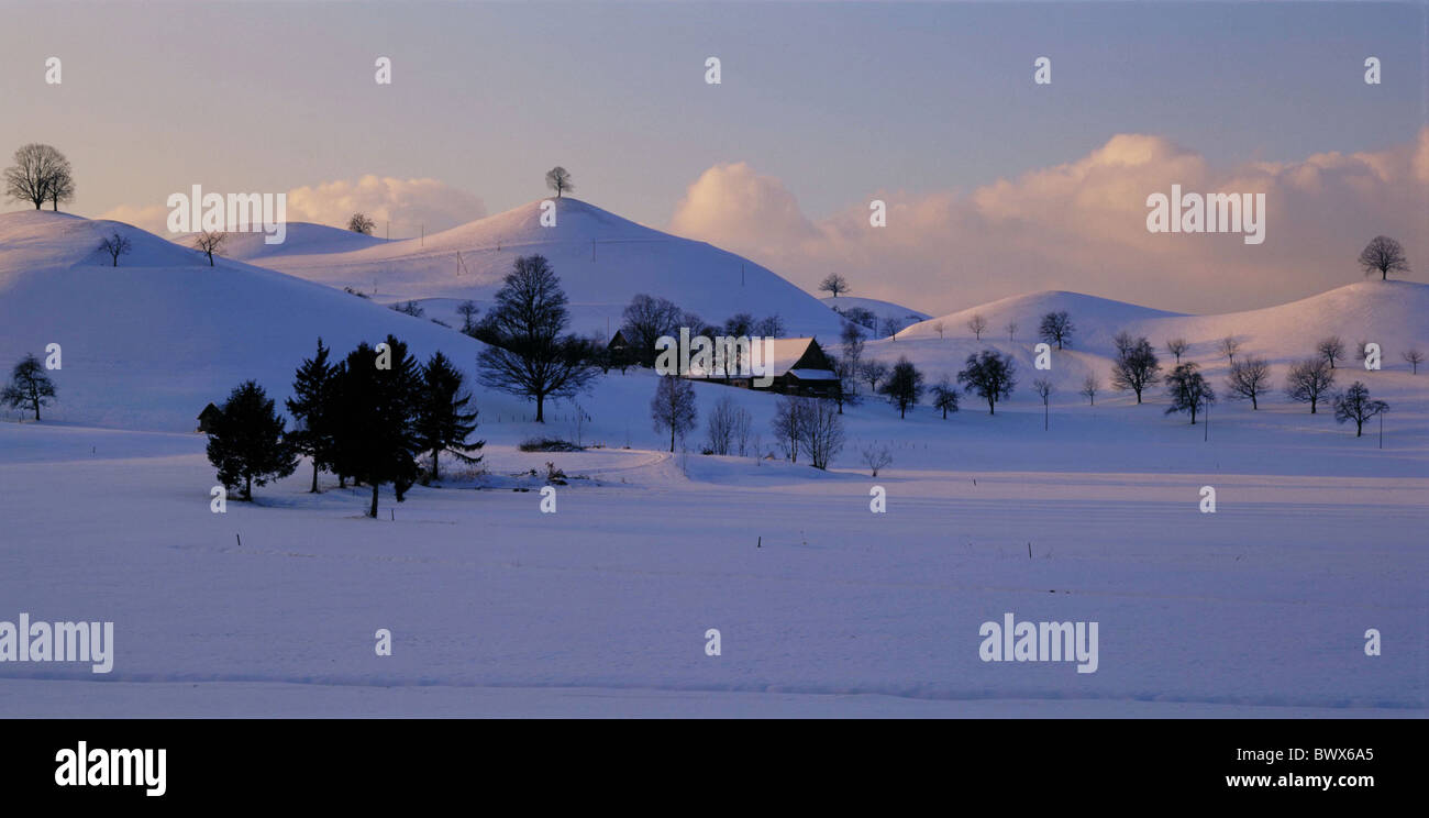 farm trees hills scenery panorama snow Switzerland Europe snow-covered ...