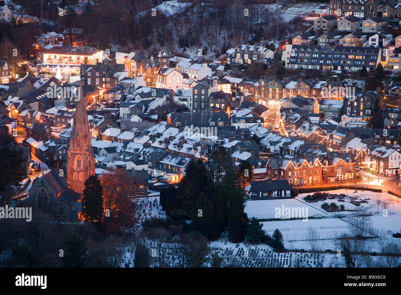 Ambleside in winters snow at dusk from Todd crag, Lake District, UK ...