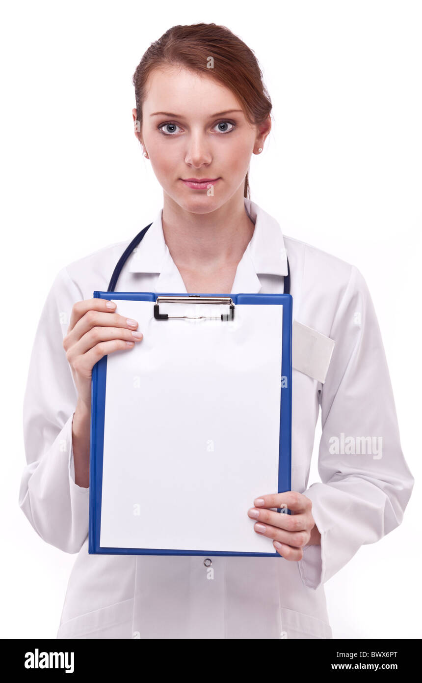 Doctor holds clipboard with empty sheet. Isolated on a white Stock ...
