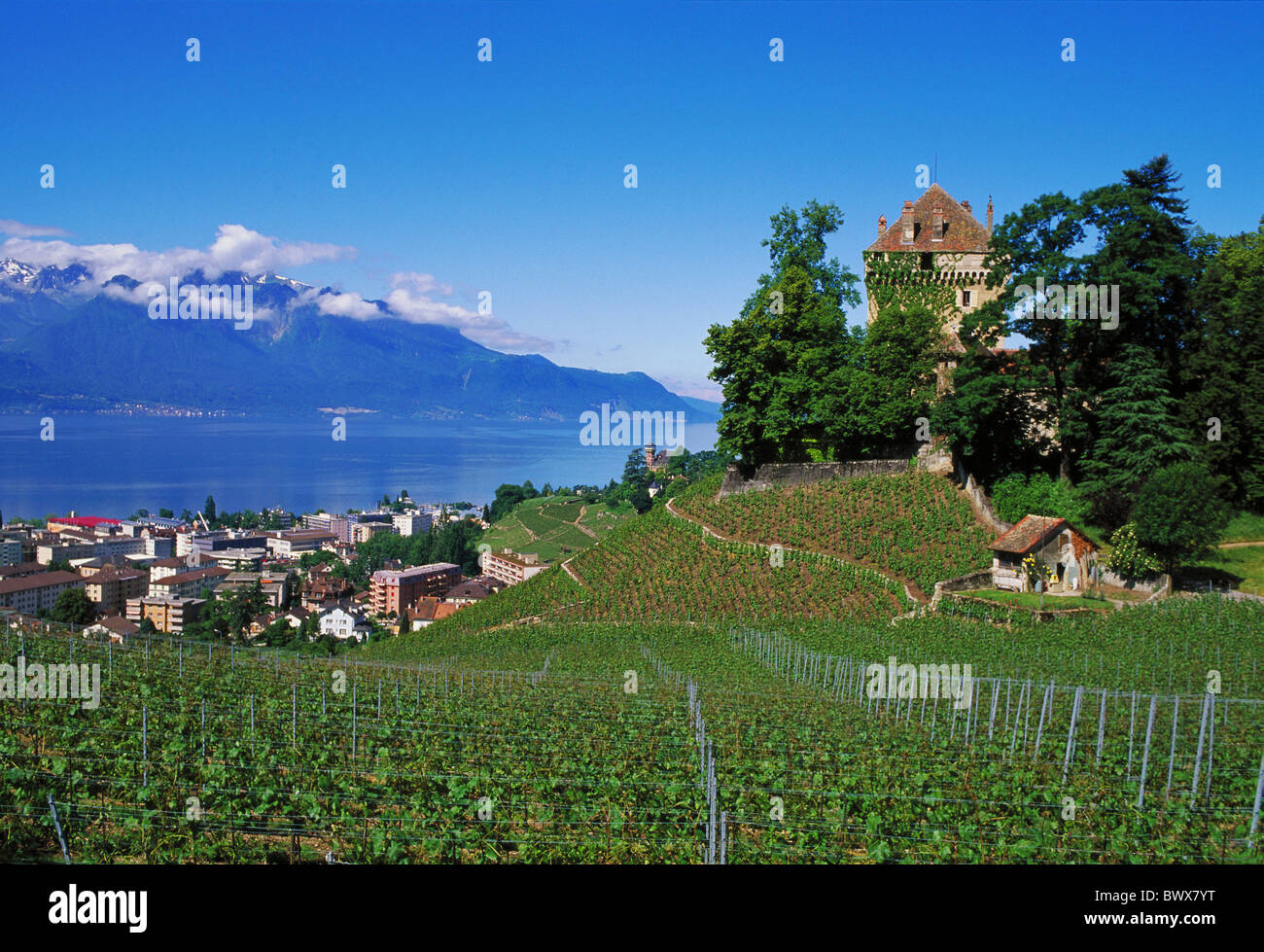 lake Geneva Montreux castle Chatelard Switzerland Europe overview Vaud ...