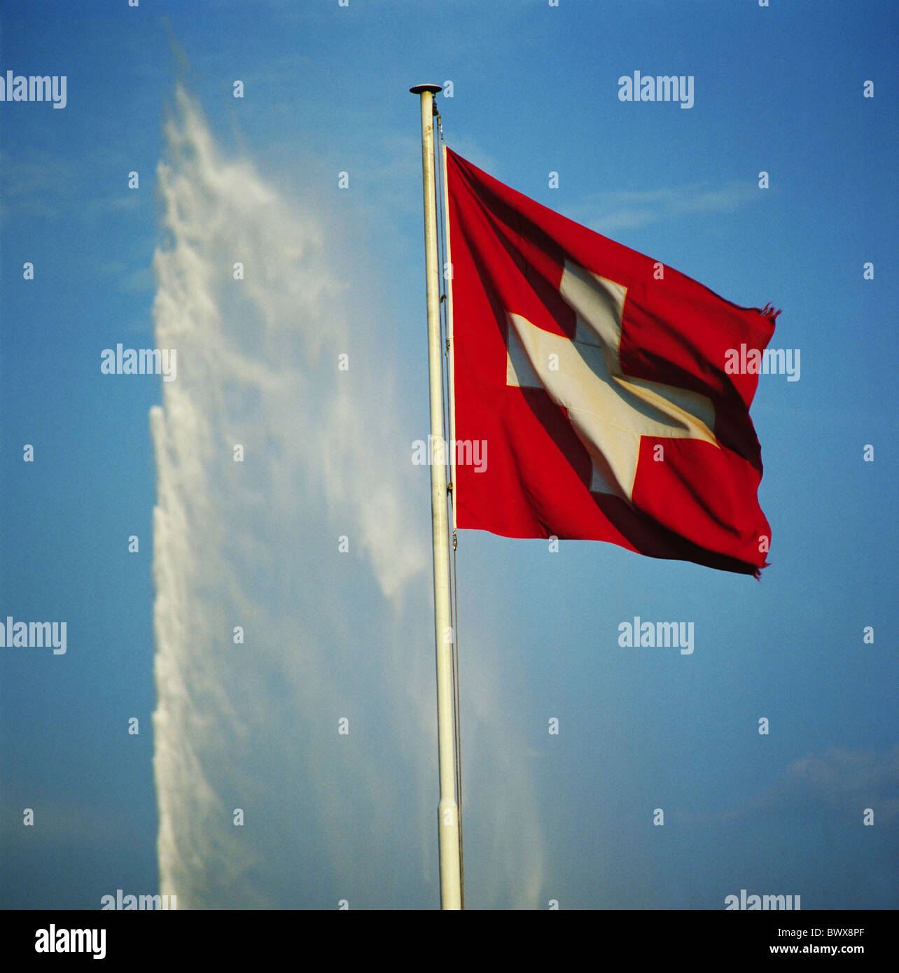 Geneva jet d'Eau fountains close-up Switzerland Europe Swiss flag ...