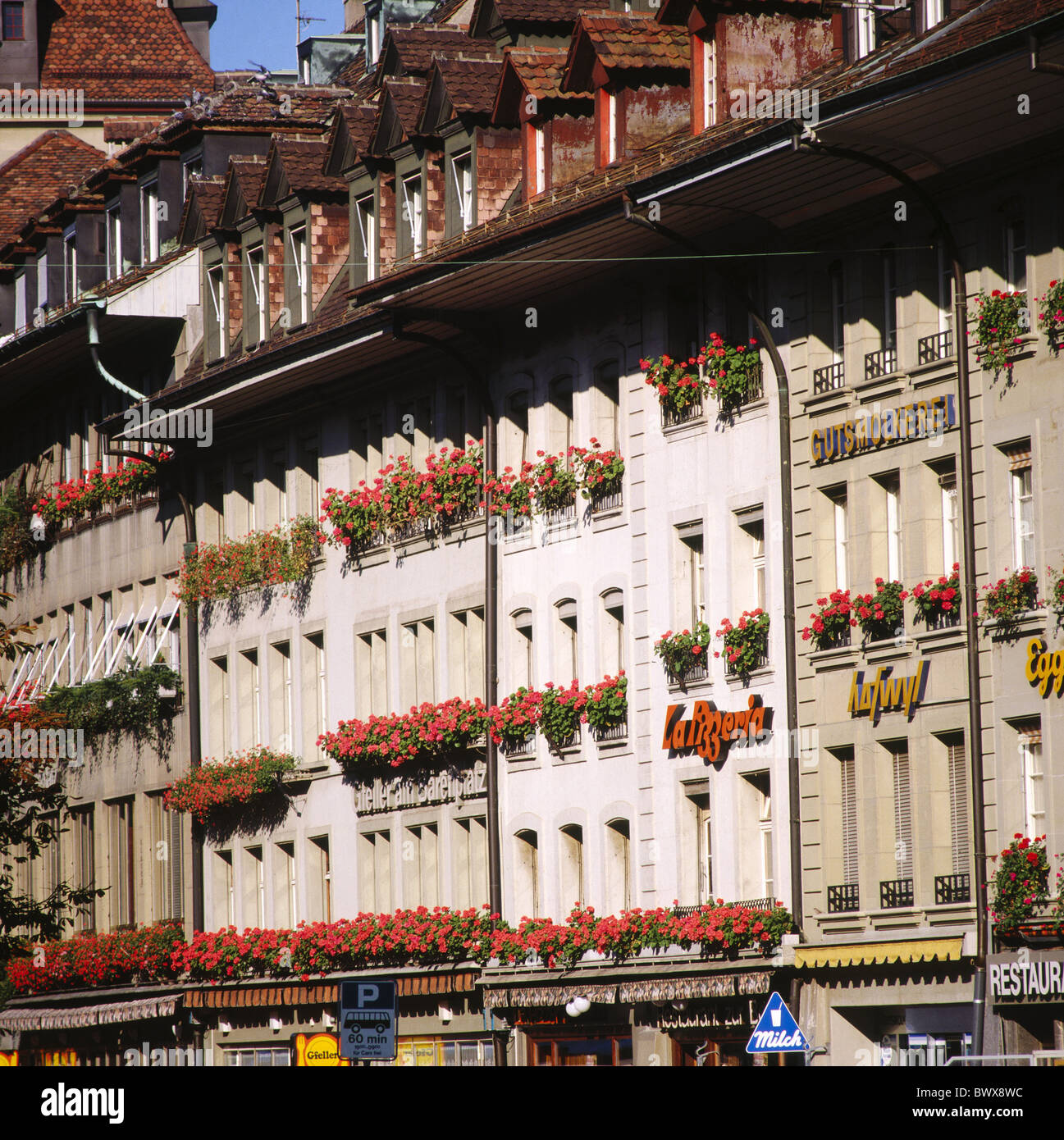 Bern house facades near geraniums junk lane Switzerland Europe Stock ...