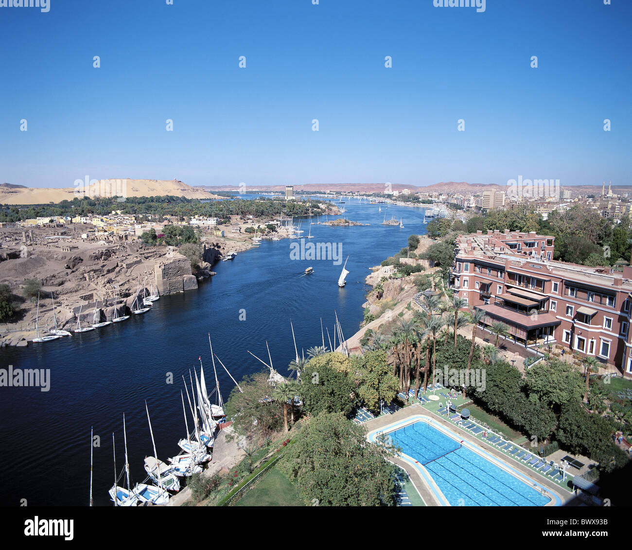 Egypt North Africa Aswan Nile sail boats town city overview Stock Photo ...