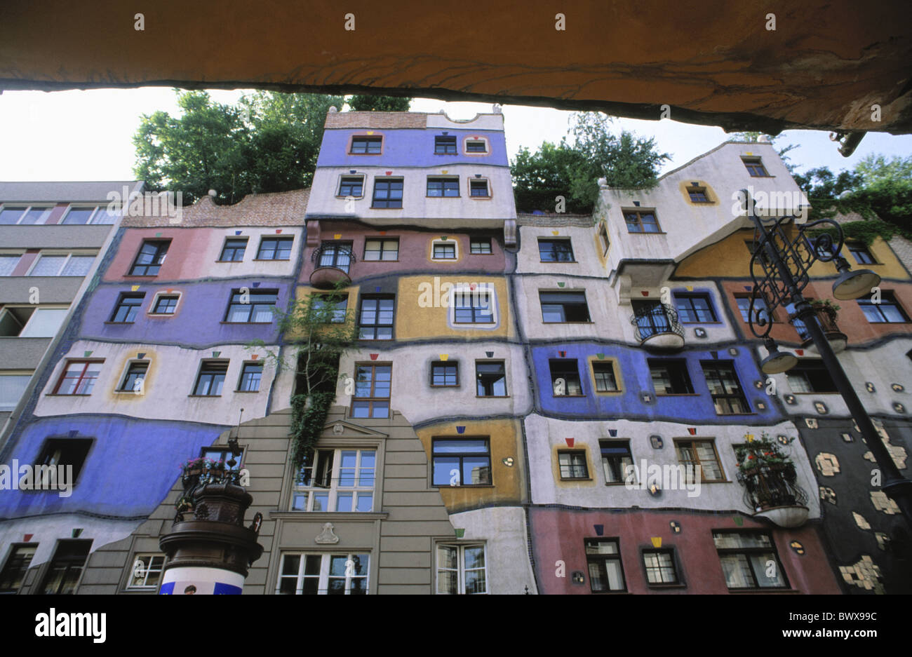 facade Hundertwasser house home Austria Europe plants street lantern ...