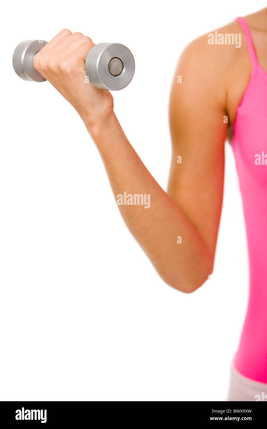 Image of metallic barbell in female hand Stock Photo - Alamy