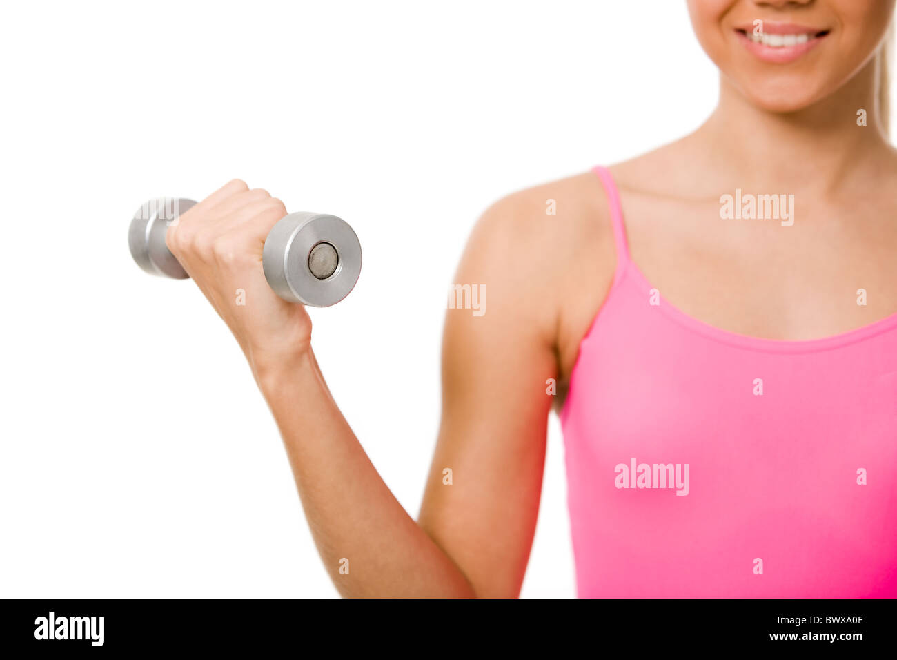 Image of metallic barbell in female hand Stock Photo - Alamy