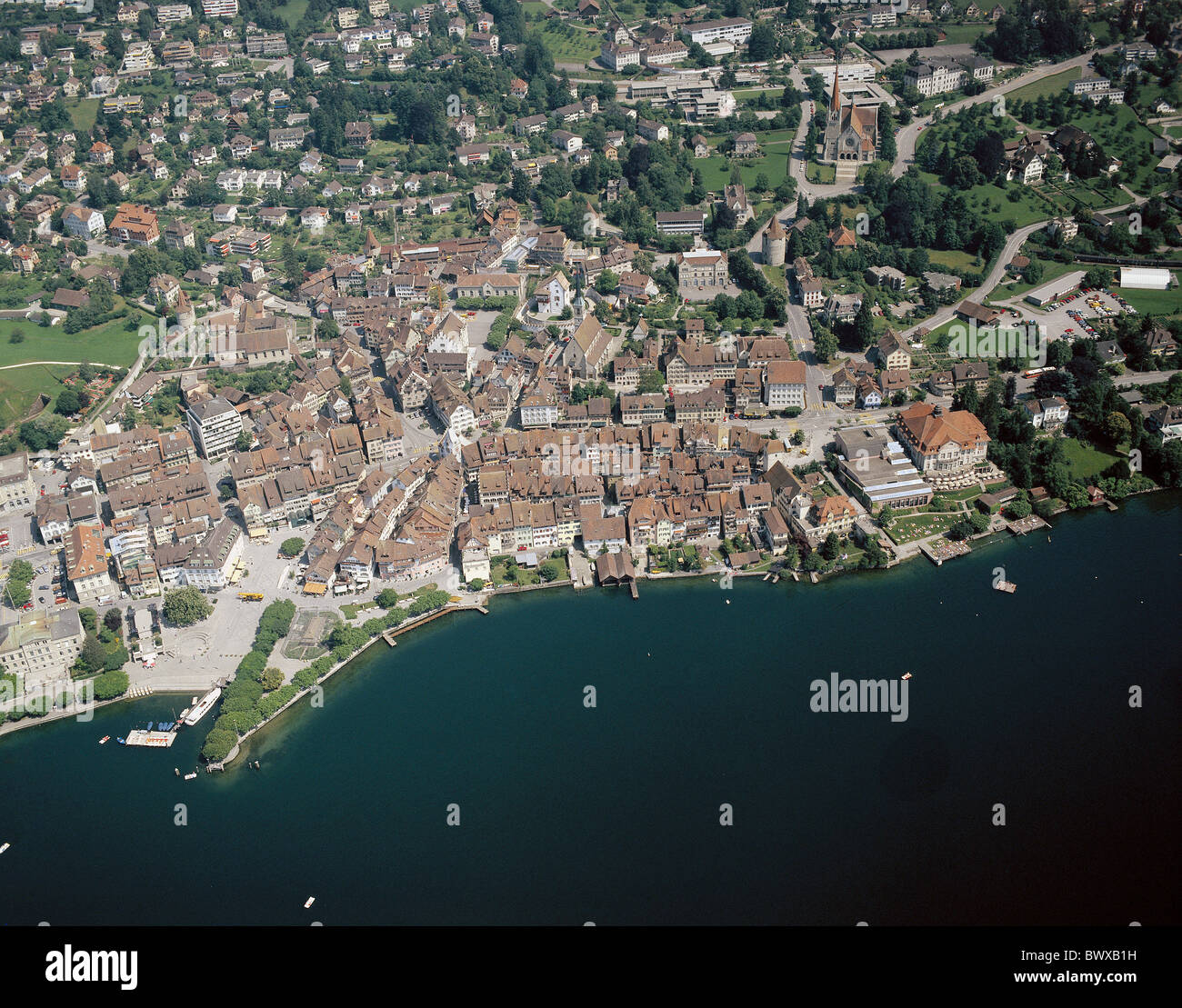 Switzerland Europe canton Zug Zug overview aerial photo lake Zug lake ...