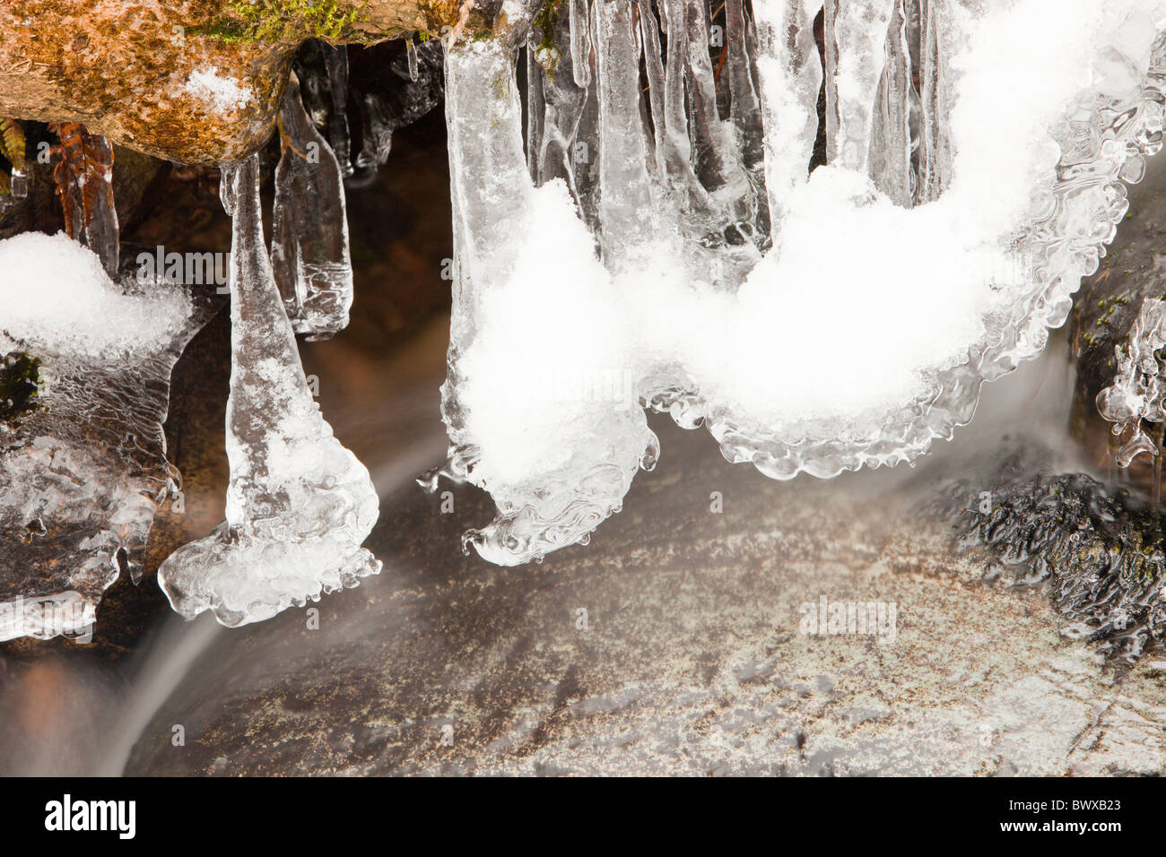 A mountain stream freezing up in winter, Ambleside, Lake District, UK ...