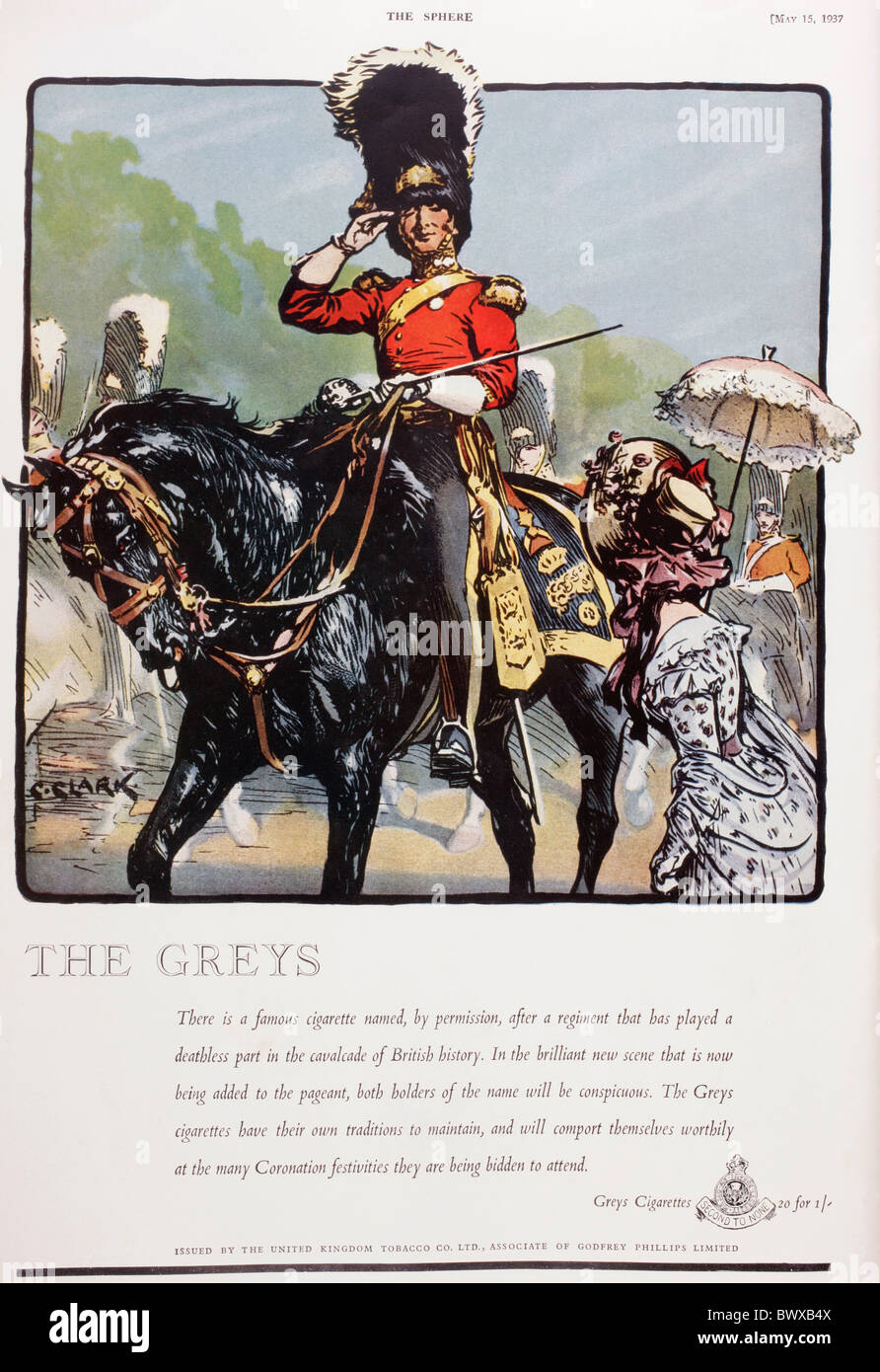 A 1937 advertisement for Greys Cigarettes showing a member of the Royal ...