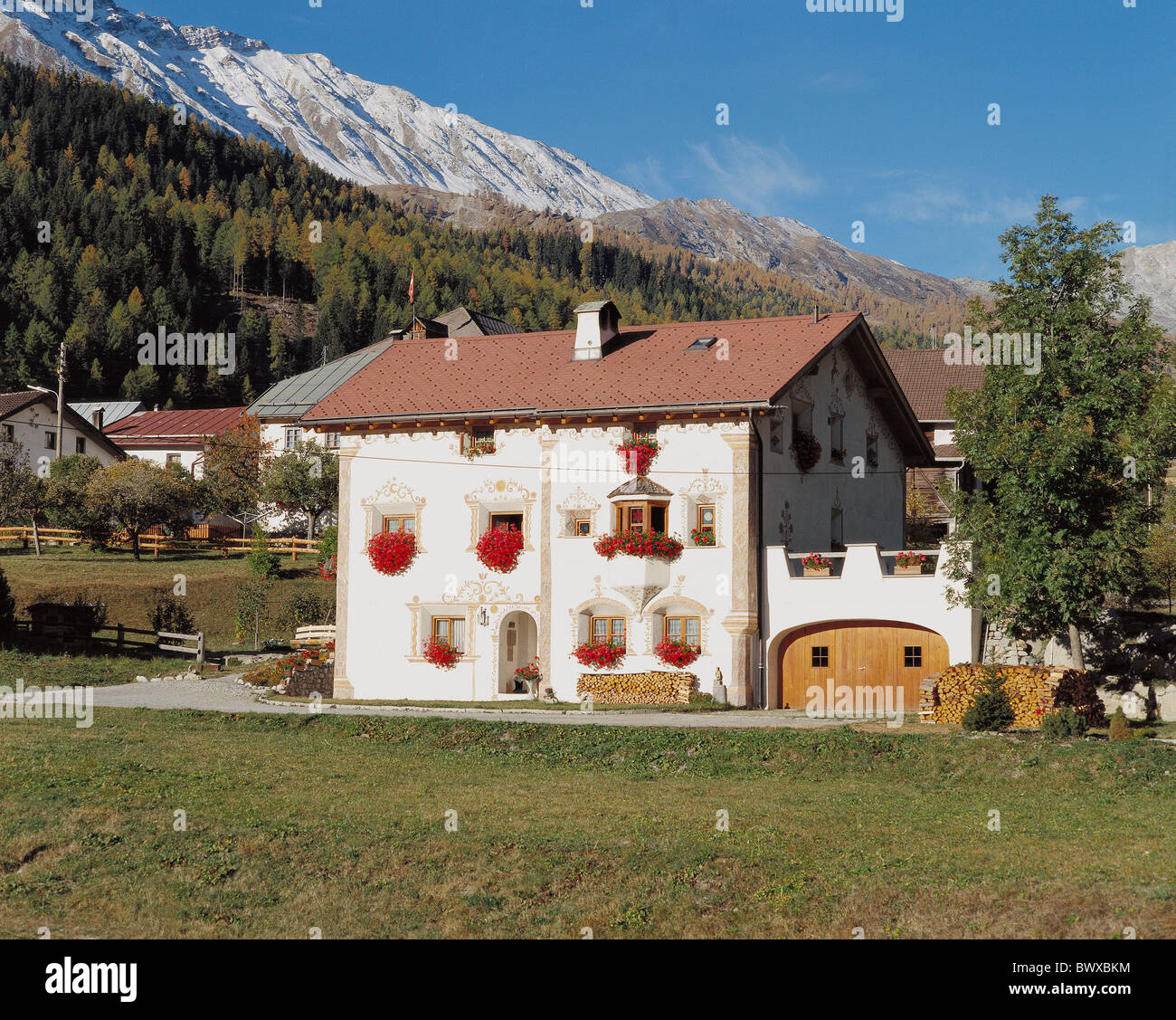 Switzerland Europe Graubunden Grisons Engadine Engadine house Valchava ...