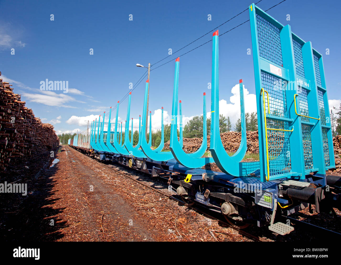 View of railroad depot for log transport and storage , log piles and ...