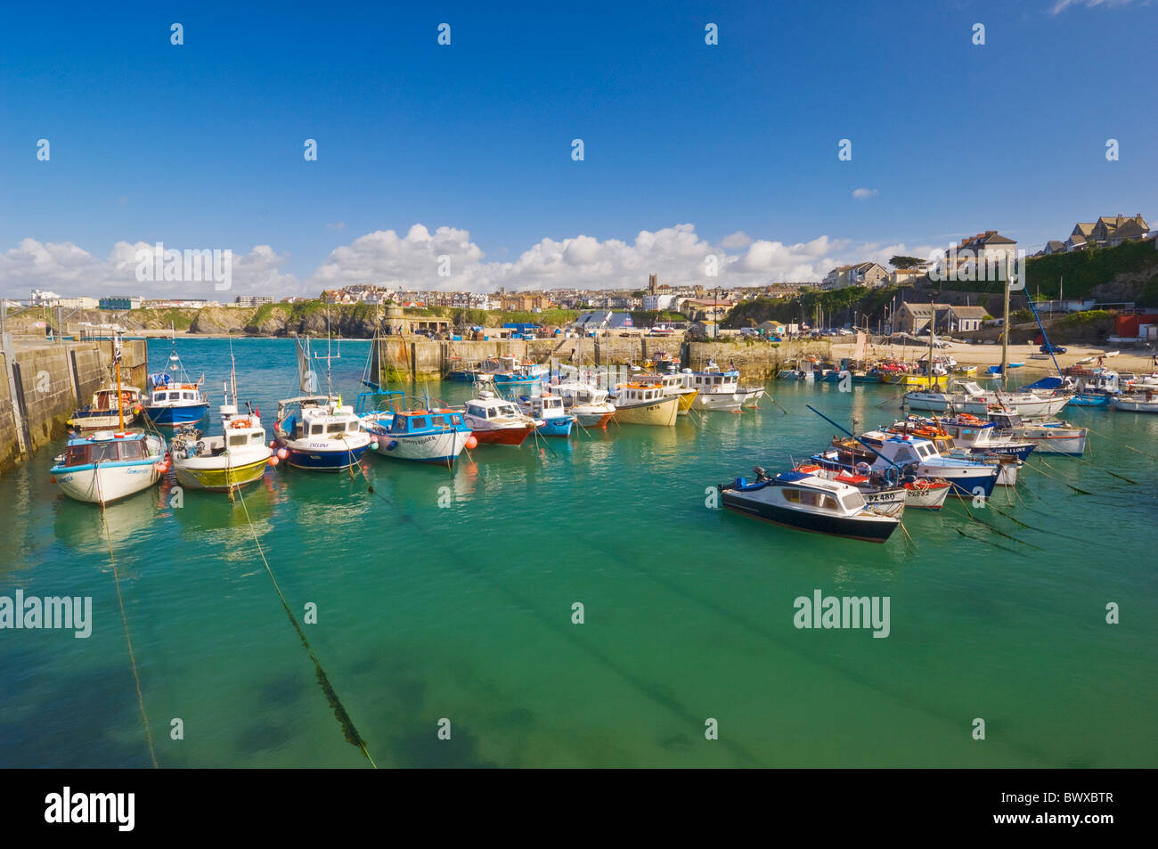 Small fishing boats in Newquay harbour Cornwall England GB UK EU Europe ...