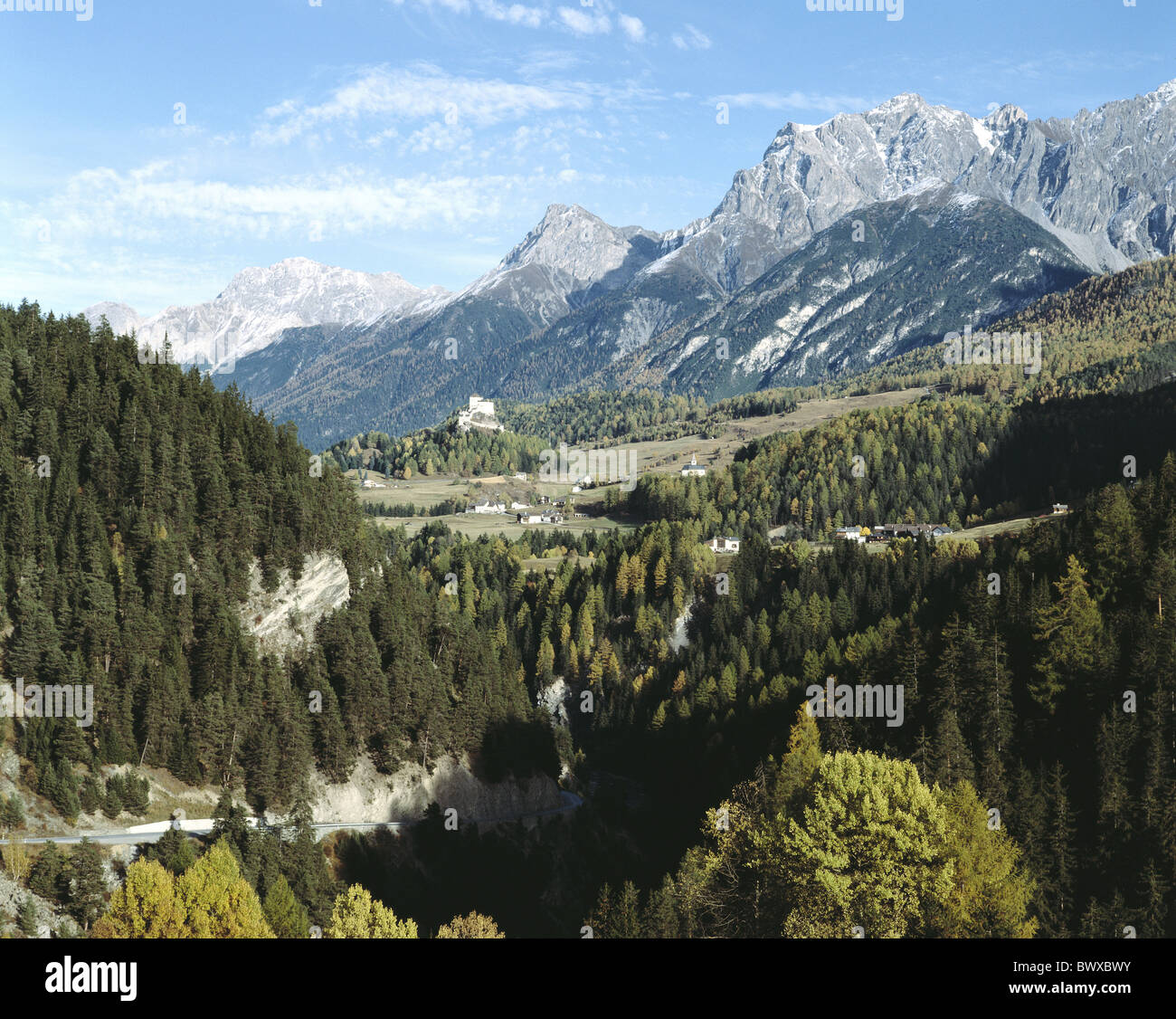 mountain landscape castle Tarasp Engadine Lower Engadine mountains ...