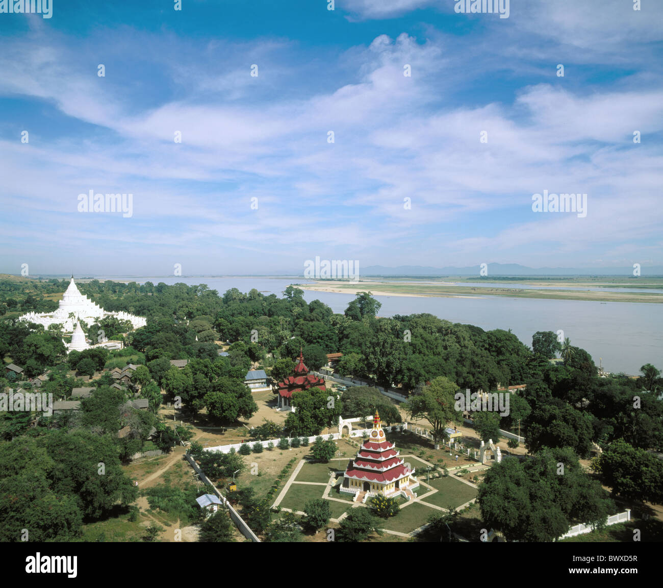 trees mountains Burma Asia houses homes Irrawady river flow Mingun ...