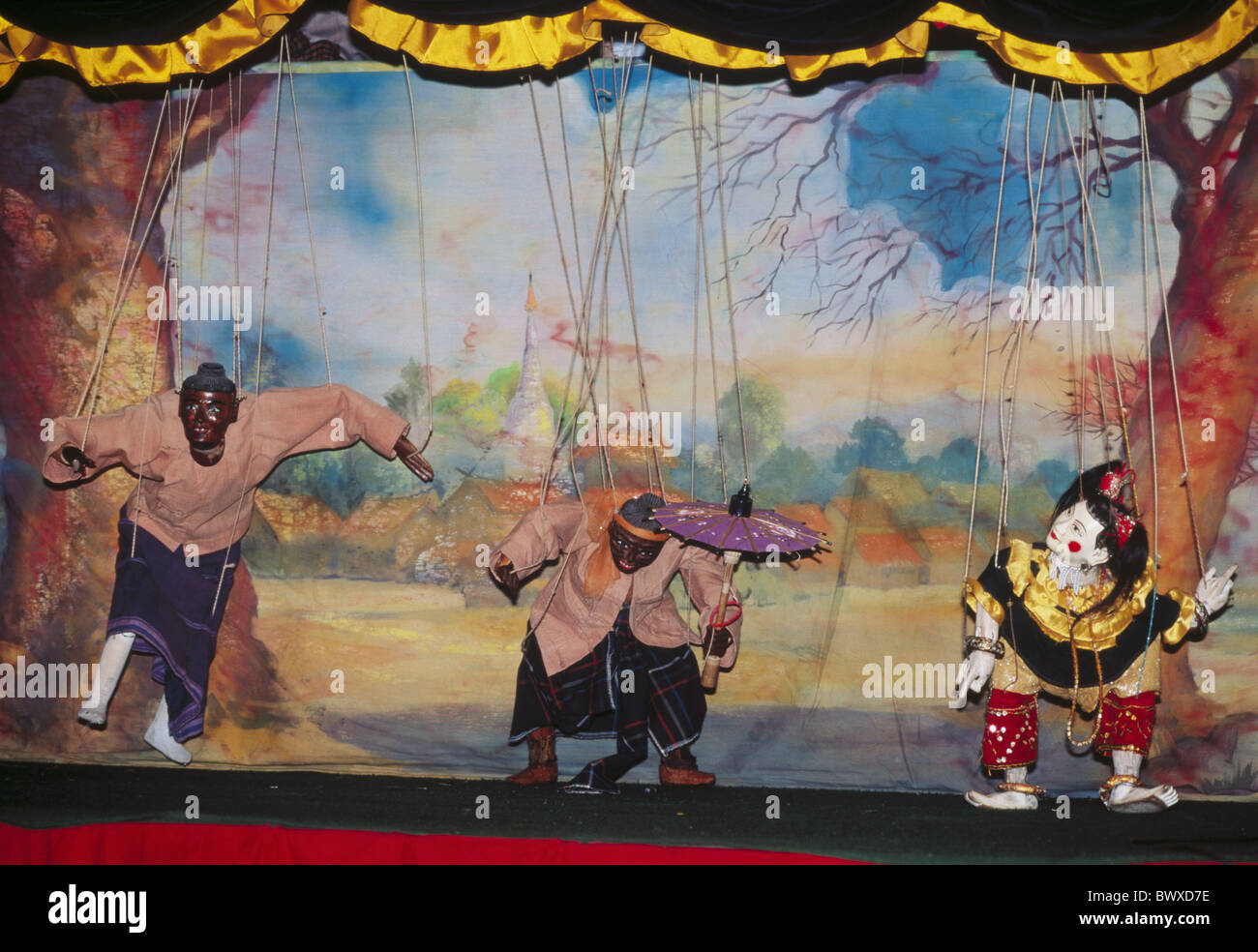 Burma Asia scenery three painted puppets Myanmar puppet theater ...