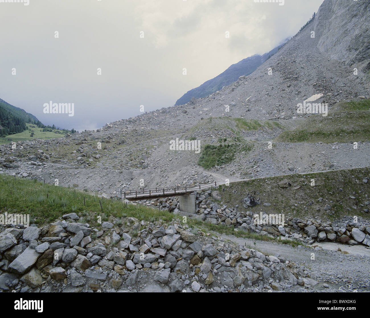 avalanche landslip stone rubble Switzerland Europe Valais Randa street ...