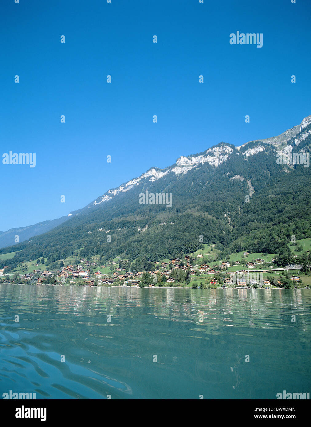 Switzerland Europe canton Bern Brienzersee lake sea low reeds village ...