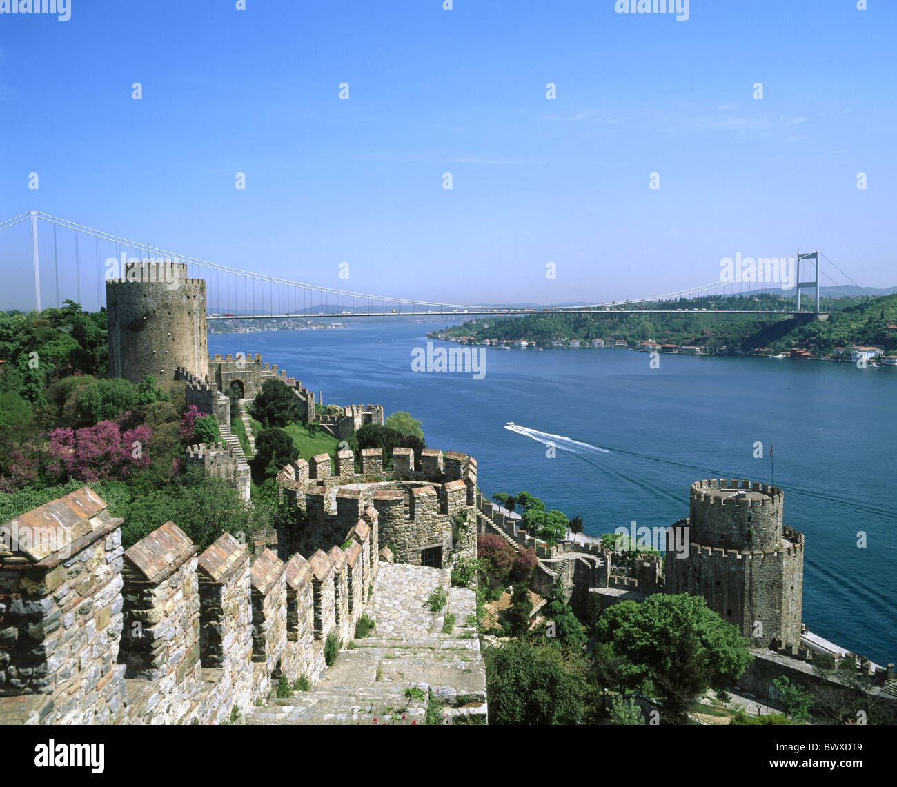 Bosphorus bridge Istanbul Turkey overview from Rumeli Hisari castle ...