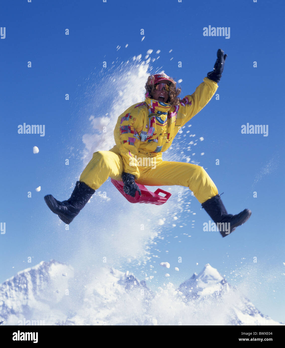 Corvatsch individual woman yellow Piz Bernina Switzerland Europe ...