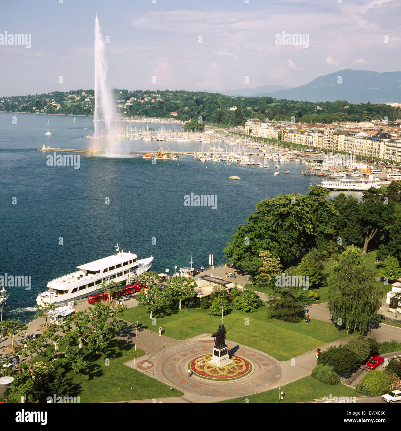 holiday ship Geneva lake Geneva harbour port jet d'Eau fountains park ...