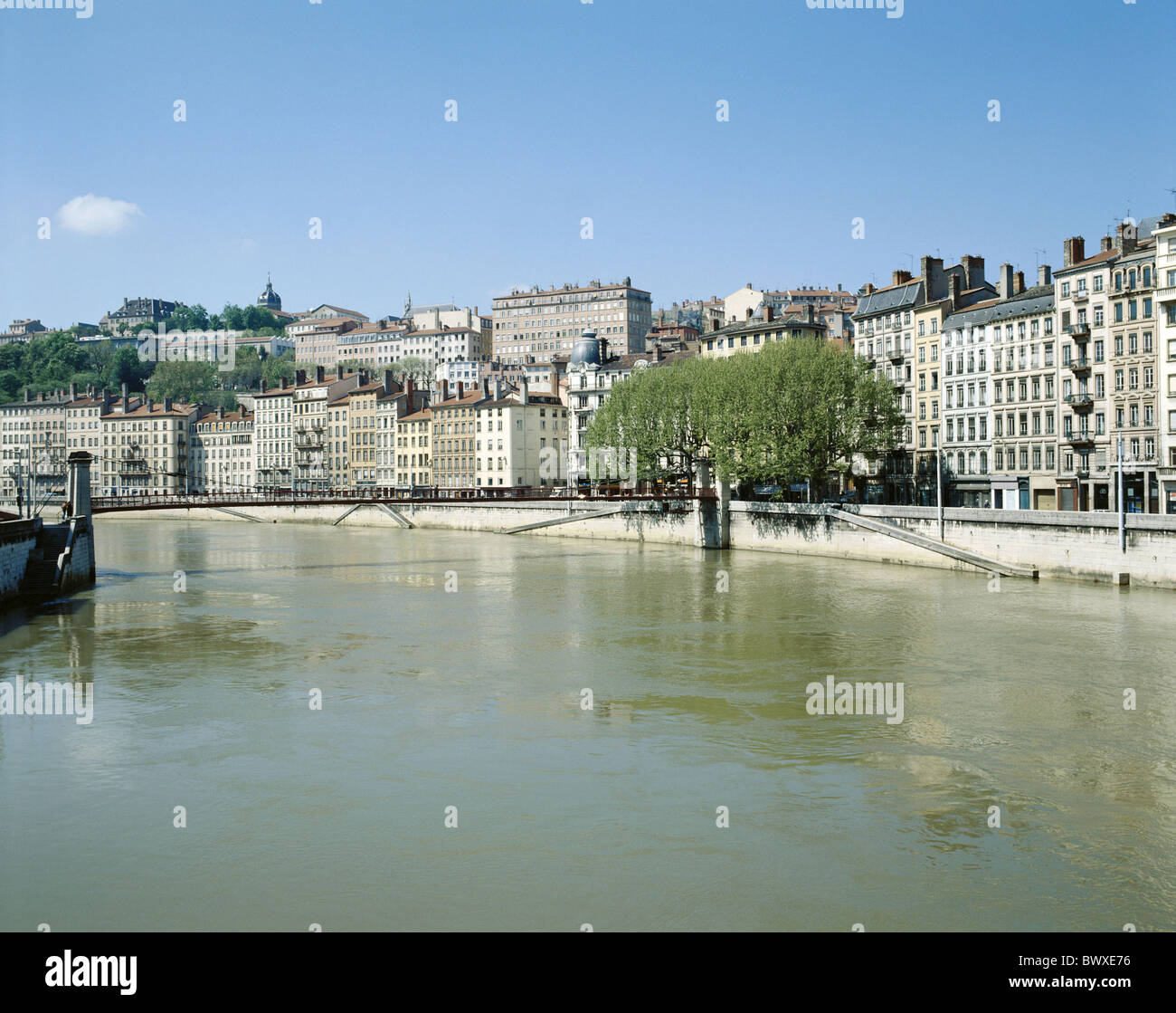 Old Town facades river flow France Europe building construction Lyons ...
