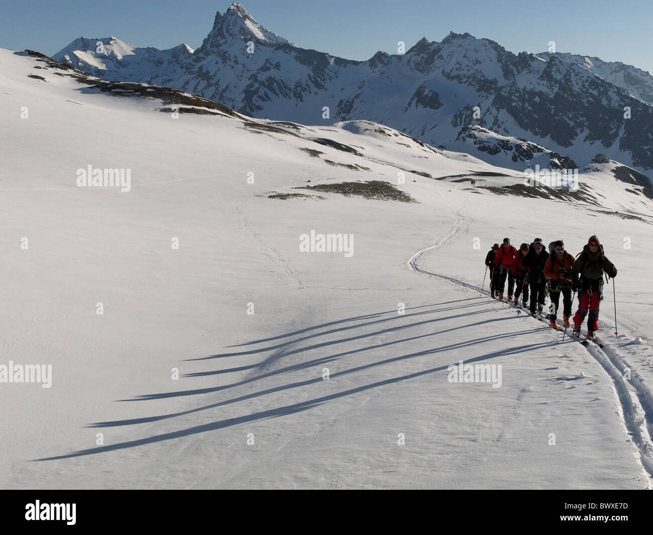 A Eagle ski club group heading to the Col de Cheilon above the Cabane ...