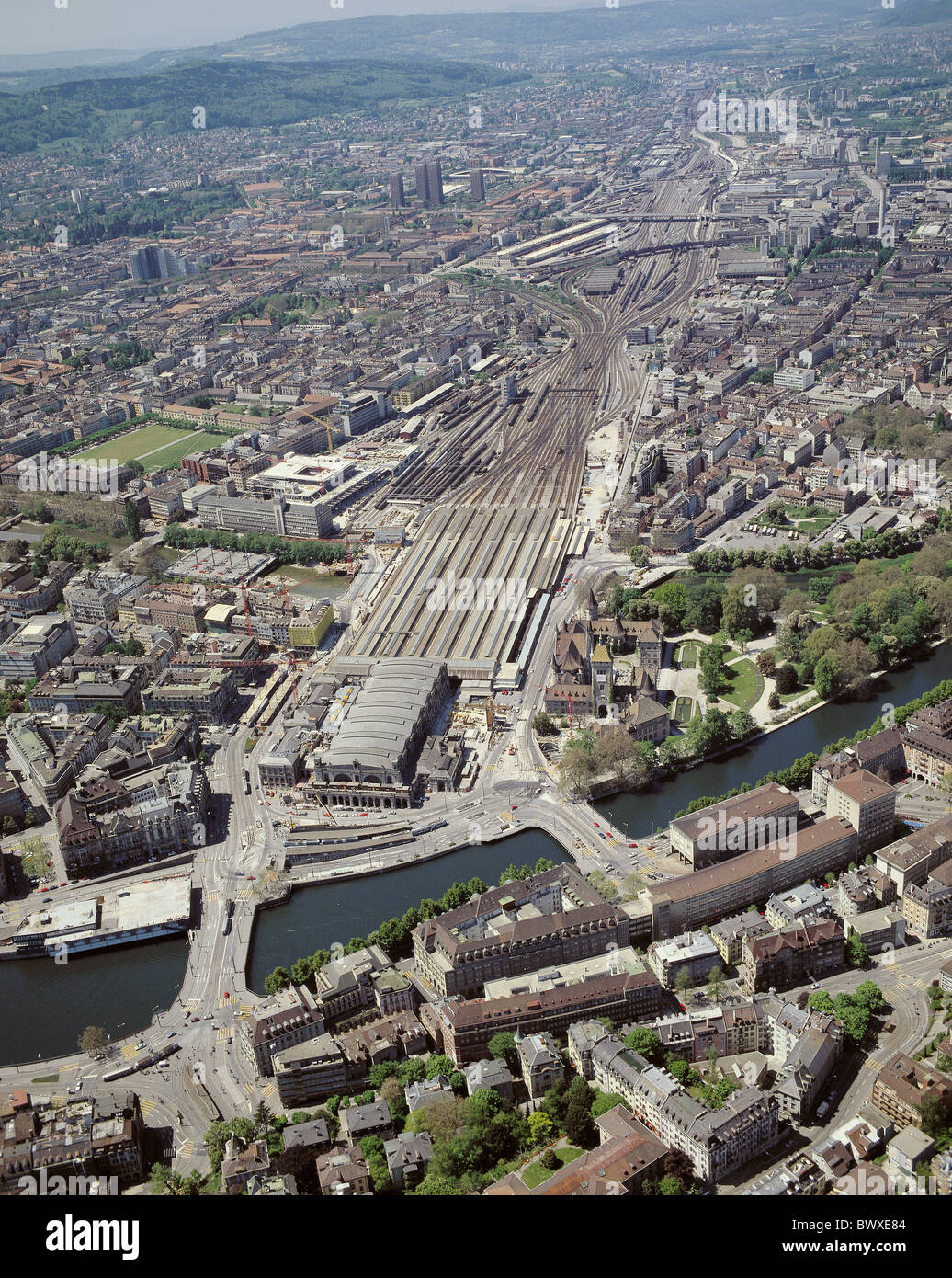 Switzerland Europe Zurich Zurich overview central station from front ...