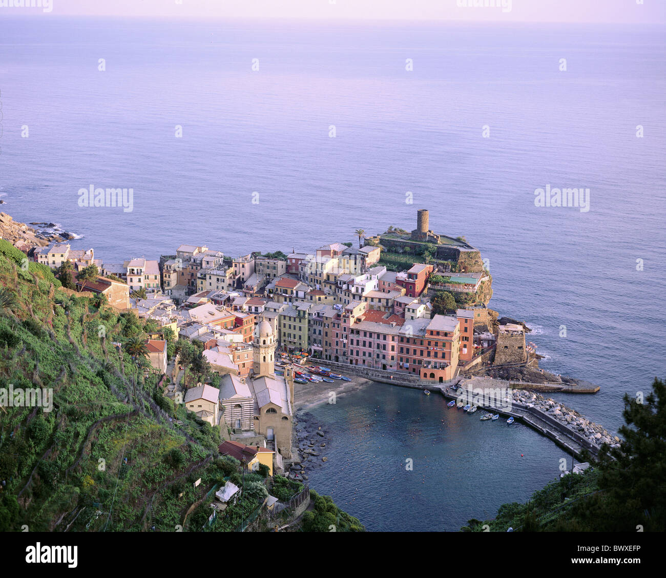 Cinque Terre dusk twilight Italy Europe coast overview Vernazza Stock ...