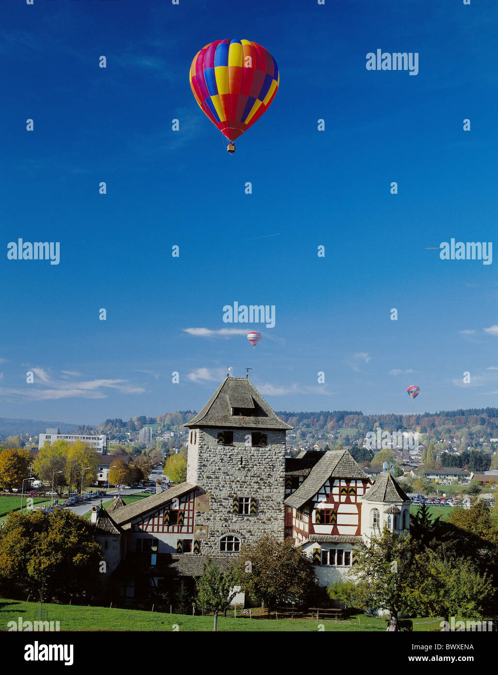 garden hot-air balloon castle Hegi Switzerland Europe town city ...