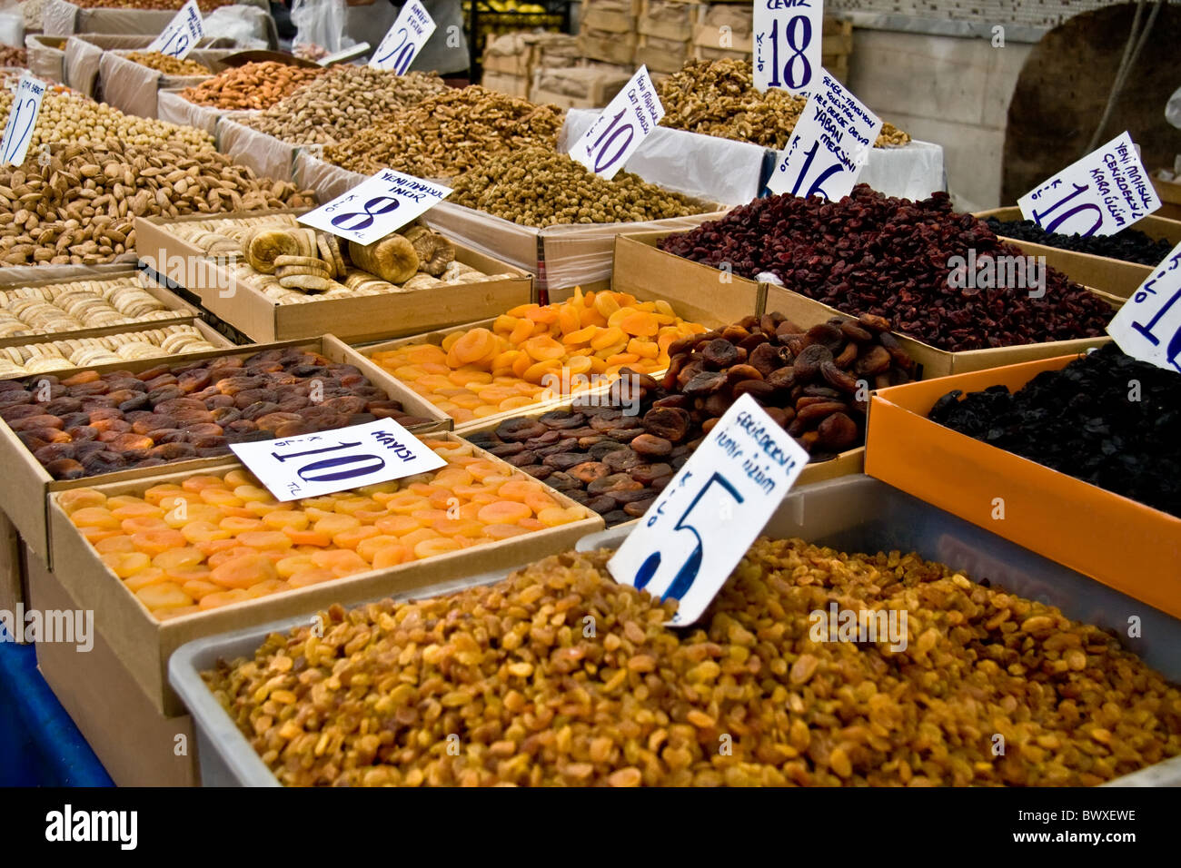 Organic Different Types Of Nuts and Dried Fruits At A Street Market In ...
