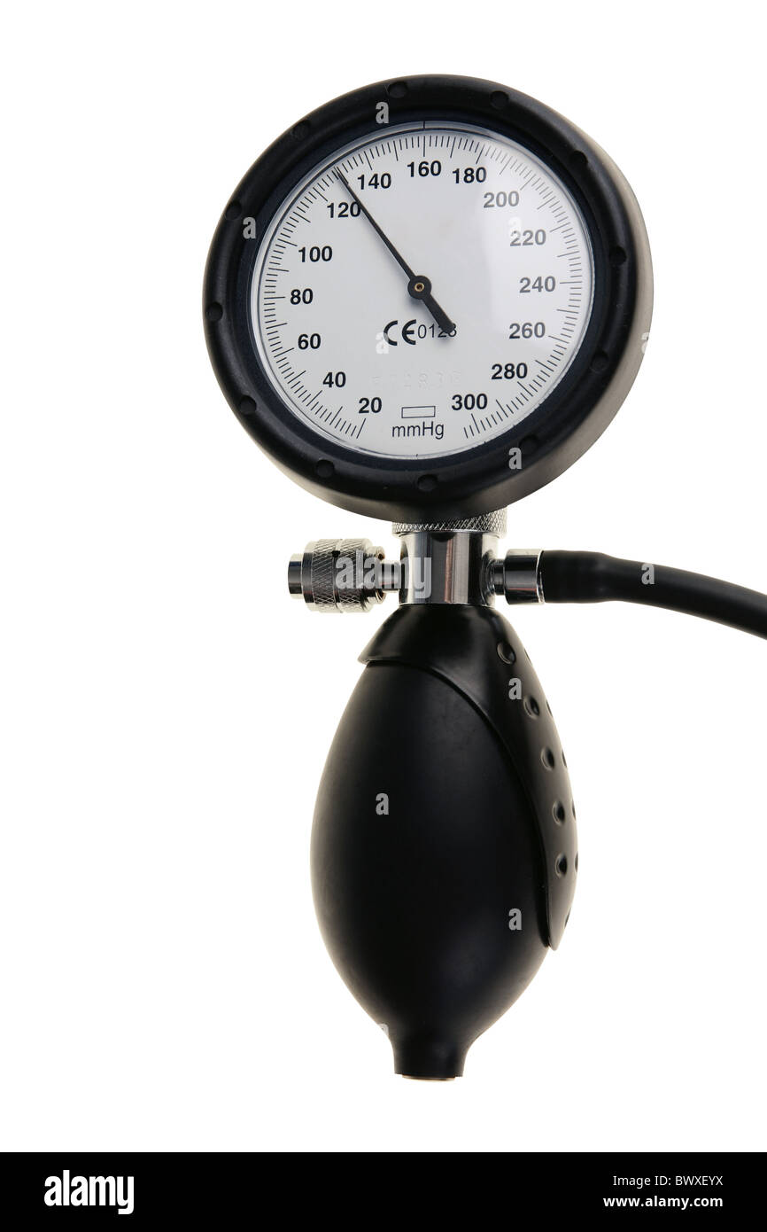 Detail of black sphygmomanometer,isolated on white background (with ...