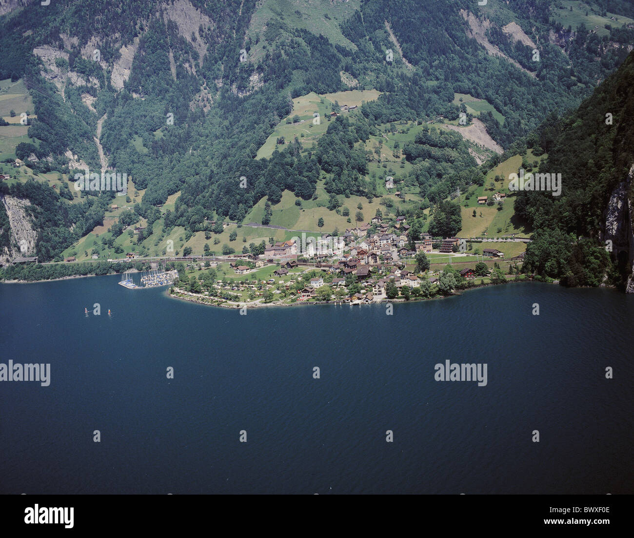 Switzerland Europe Uri Sisikon overview remote shore mountain slope ...